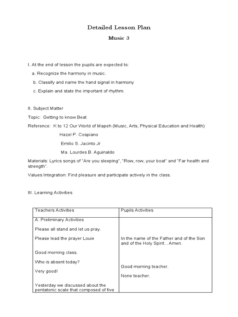 Detailed Lesson Plan Music | PDF | Music Theory | Performing Arts