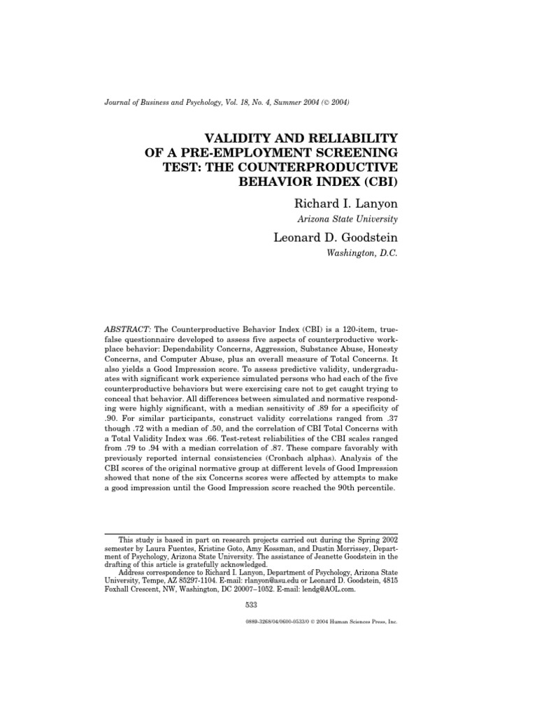 Validity and Reliability of A Pre-Employment Screening Test The ...