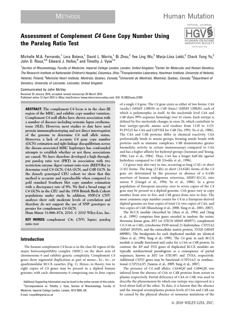 Assessing C4 Gene Copy Number Variations | PDF | Single Nucleotide ...