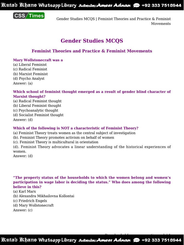 Gender Studies MCQS - Feminist Theories and Practice & Feminist ...