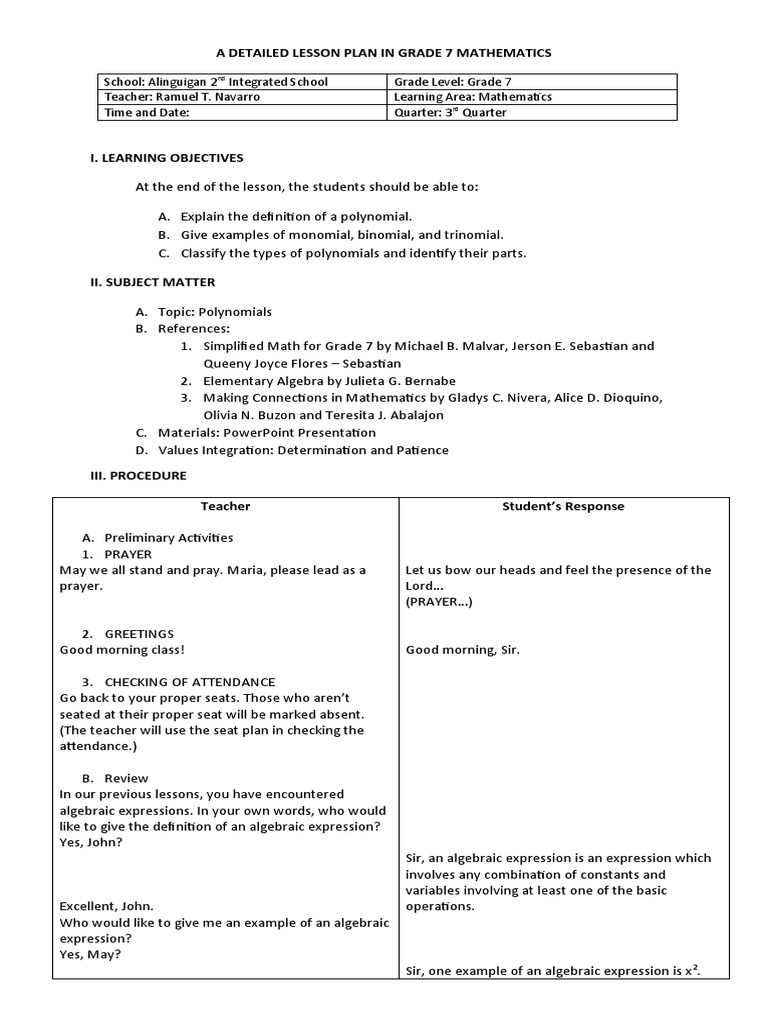 A Detailed Lesson Plan in Grade 7 Mathematics | Download Free PDF ...