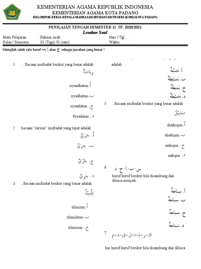 Soal Uts SMT 2 Bahasa Arab Kls 3 | PDF