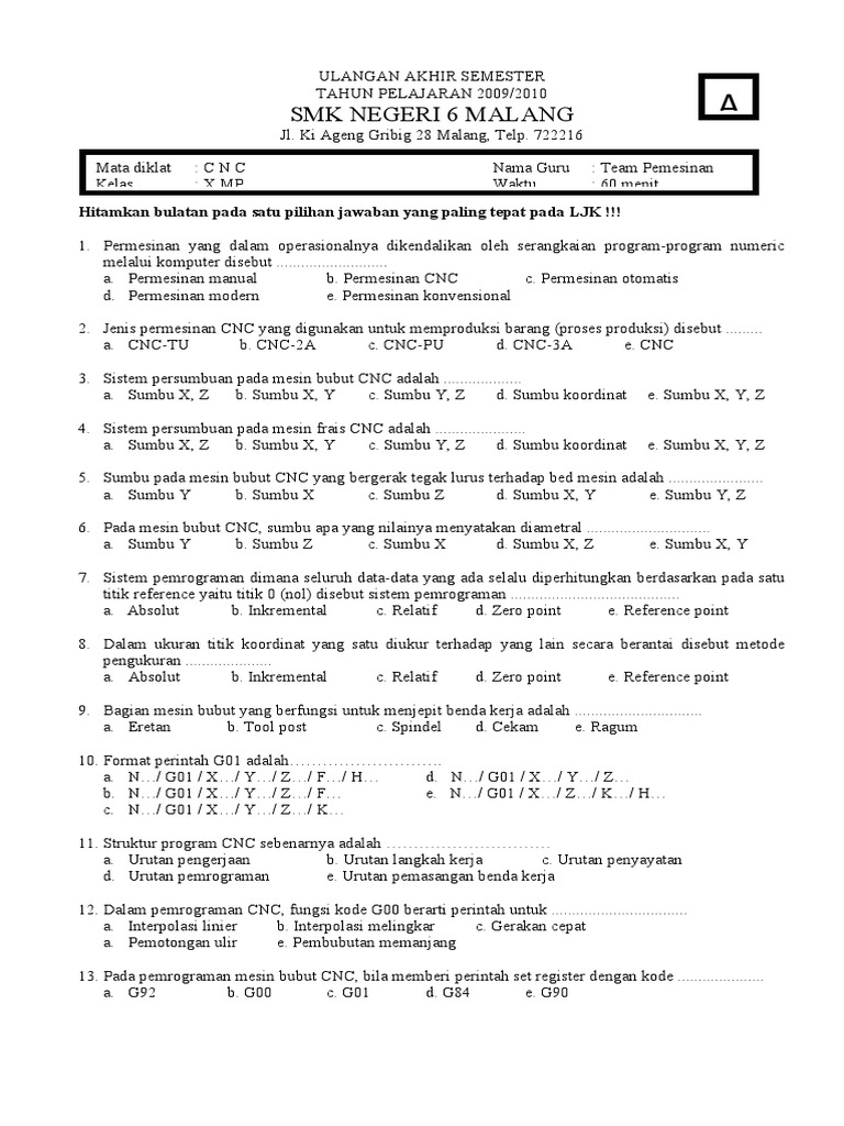 Soal Uas Cnc Kelas 12 Smk Pdf