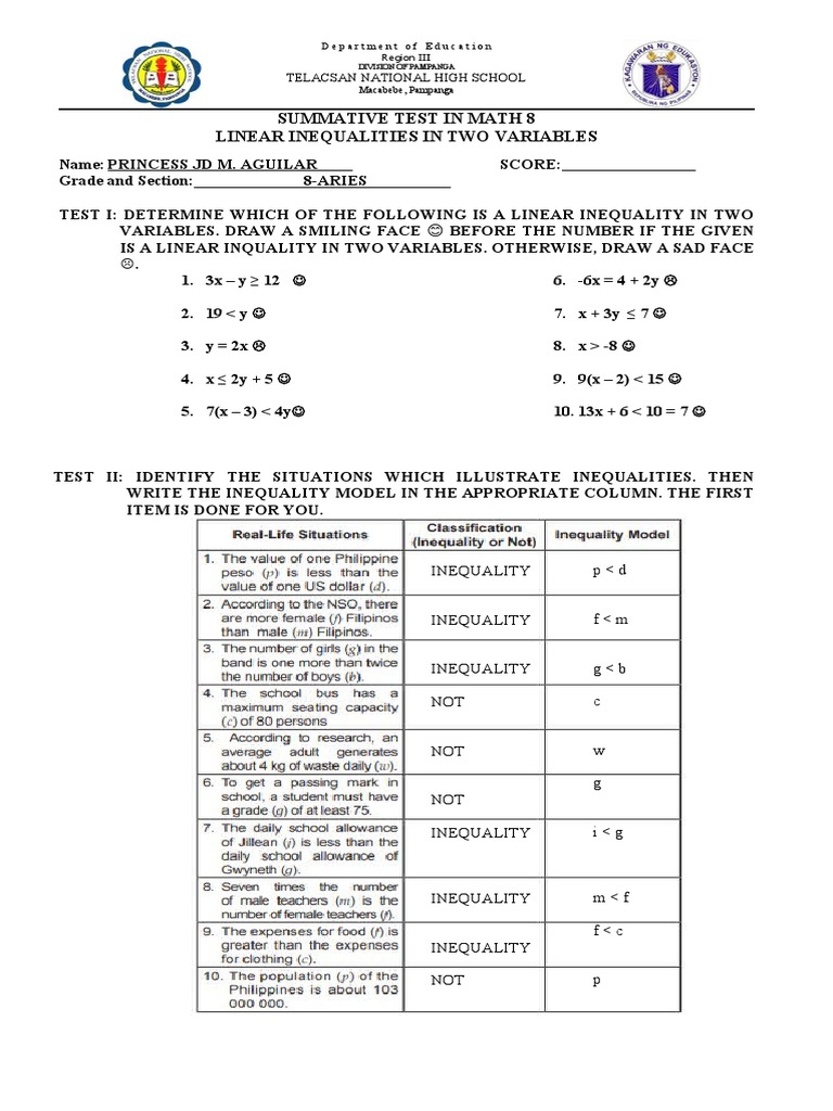 Summative Test Linear Inequalities in Two Variables | PDF