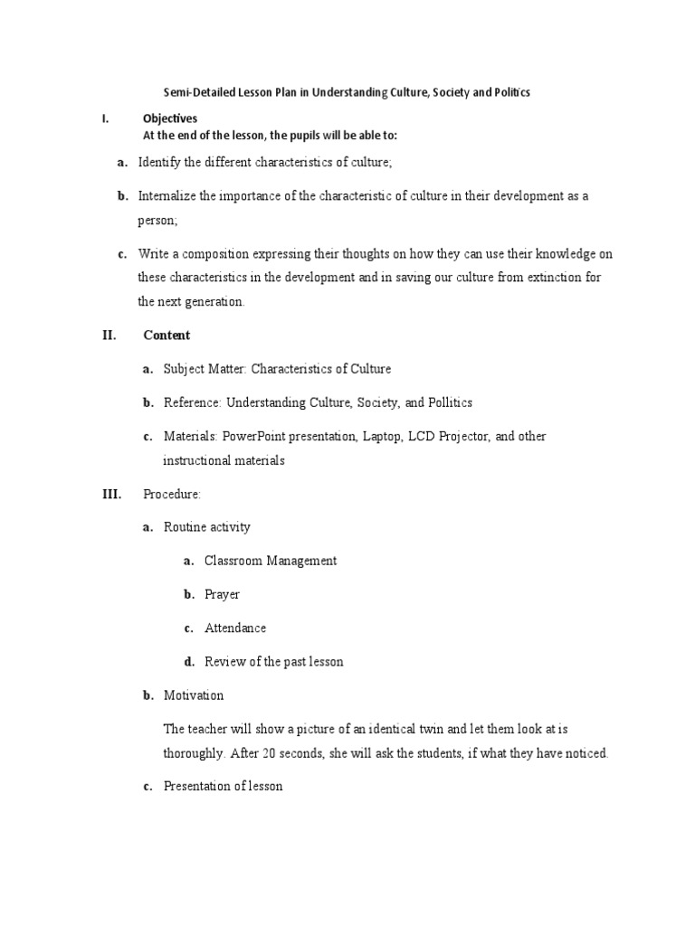 Lesson Plan on Cultural Characteristics | PDF | Social Science