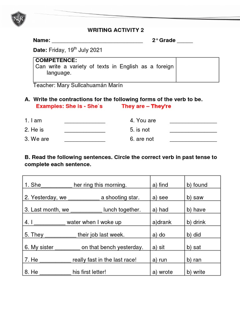 2ND Grade A - Writing Activity 2 - Ii Bim | PDF