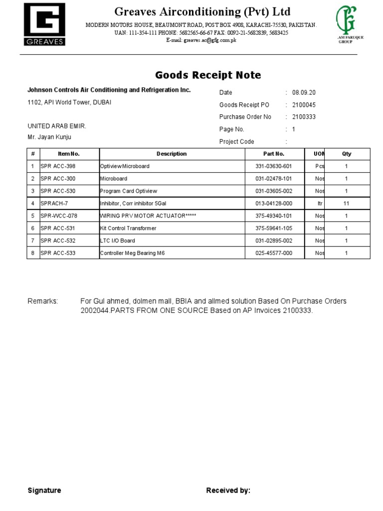 Goods Receipt Note: Johnson Controls Air Conditioning and Refrigeration ...