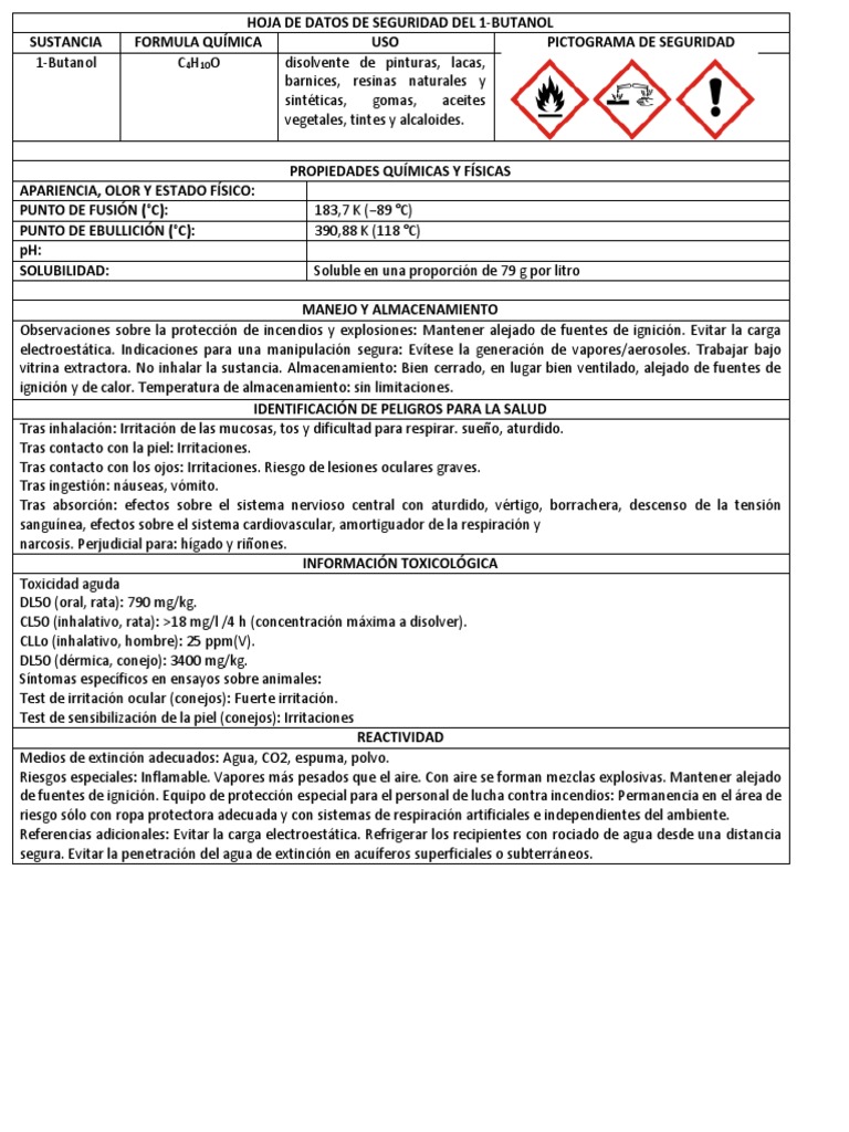 Hoja de Datos de Seguridad Del 1butanol | PDF | Solubilidad | Agua