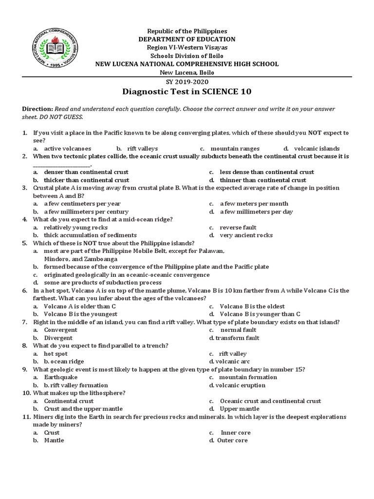 Grade 10 Science Diagnostic Test | PDF | Plate Tectonics | Translation ...