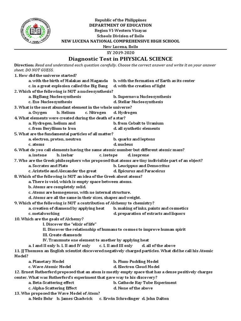 Diagnostic Test Physical Science | PDF | Chemical Bond | Chemical Polarity