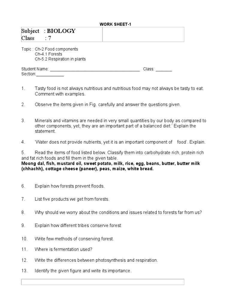 Subject: BIOLOGY Class: 7 | PDF | Oxygen | Plants