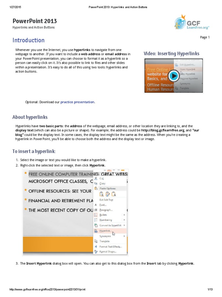 PowerPoint 2013 - Hyperlinks and Action Buttons | PDF | Hyperlink ...