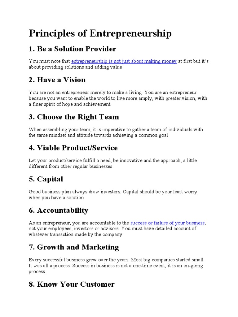 Key Principles of Entrepreneurship | PDF | Entrepreneurship | Startup ...