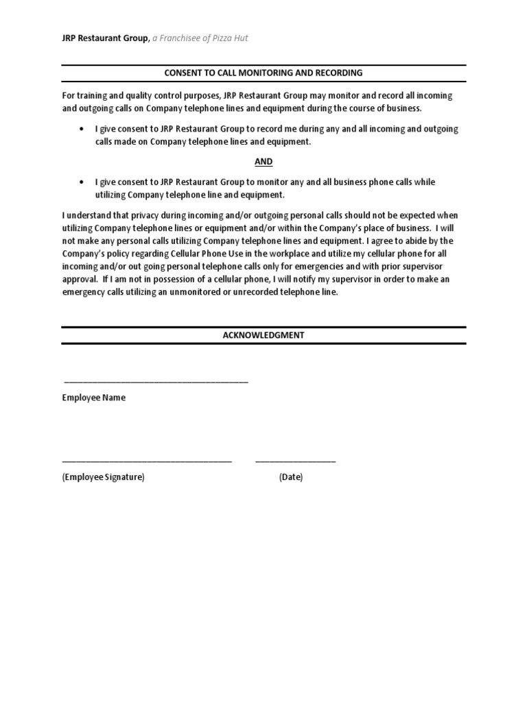 Call Monitoring Consent Form | PDF | Business