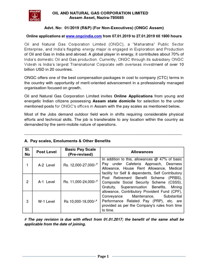 Oil and Natural Gas Corporation Limited Assam Asset, Nazira-785685 Advt ...