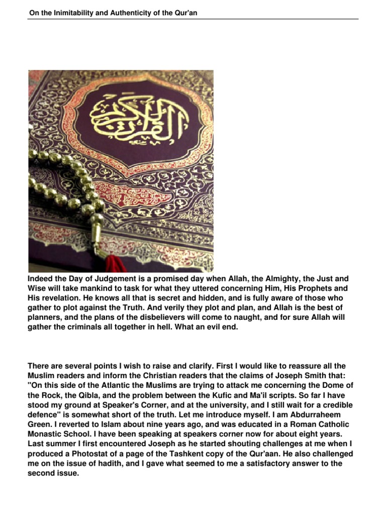 On the Inimitability and Authenticity of the Quran. | Quran | Muhammad