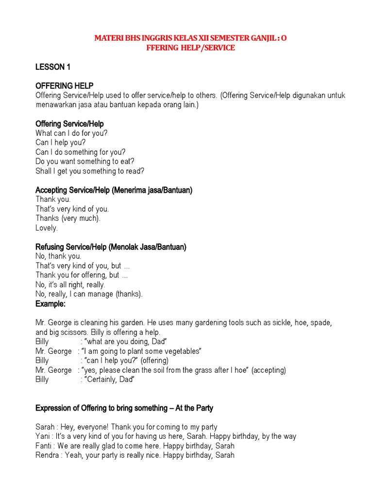 Offering Help and Asking for Assistance: English Language Lesson Plans ...