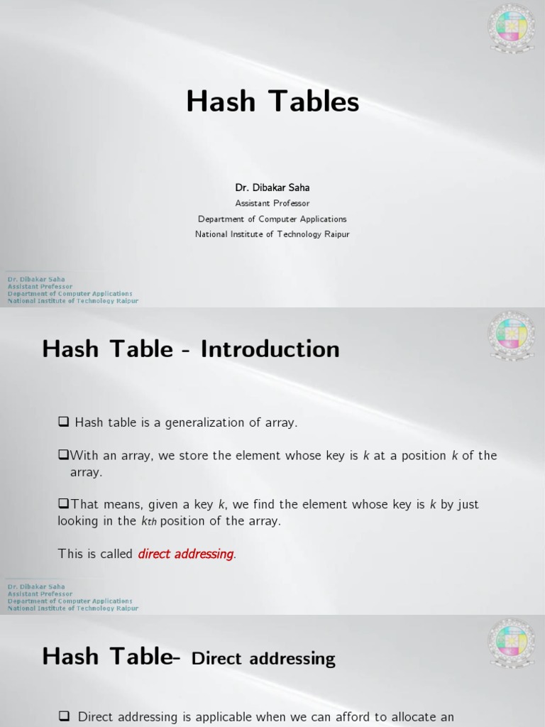 Hash Tables: Dr. Dibakar Saha | PDF | Array Data Structure | Applied Mathematics