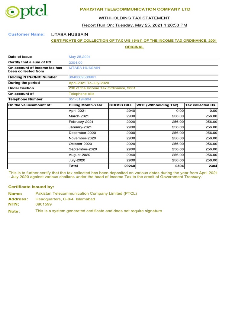 Withholding Tax Statement Report Run On: Tuesday, May 25, 2021 1:20:53 ...