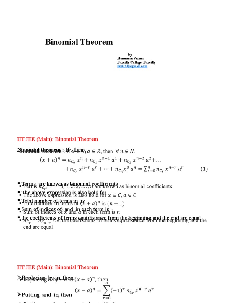 Binomial Theorem: IIT JEE (Main) Examination | PDF | Numbers | Polynomial
