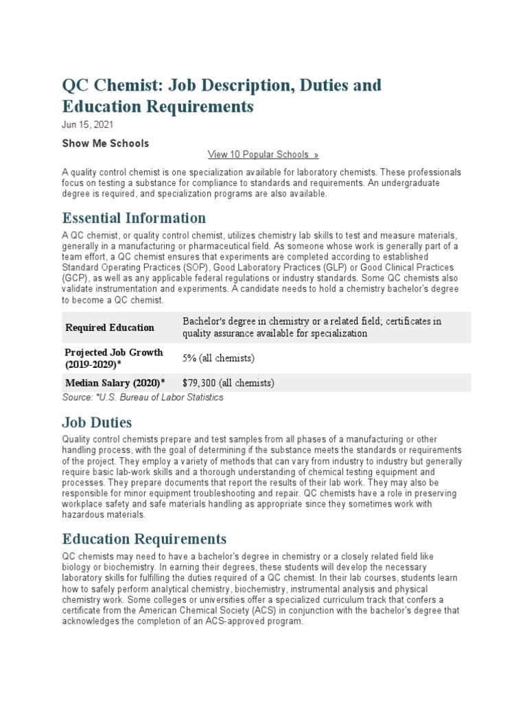 QC Chemist: Job Description, Duties and Education Requirements | PDF ...