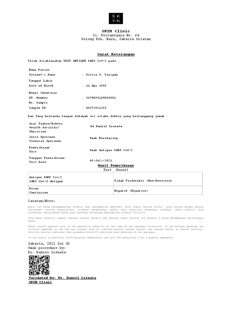 Contoh Surat Swab Antigen SKYN | PDF