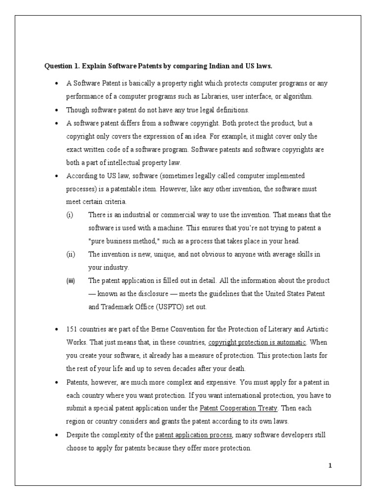 Question 1. Explain Software Patents by Comparing Indian and US Laws ...