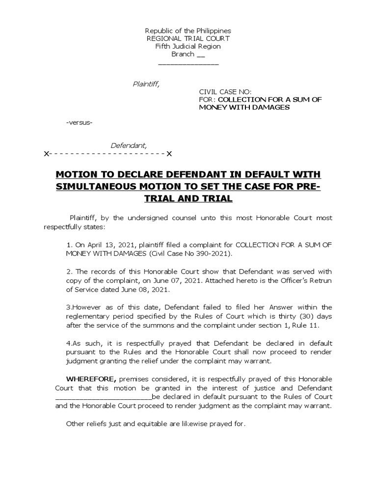 Motion To Declare Defendant in Default-Collection of Sum of Money | PDF