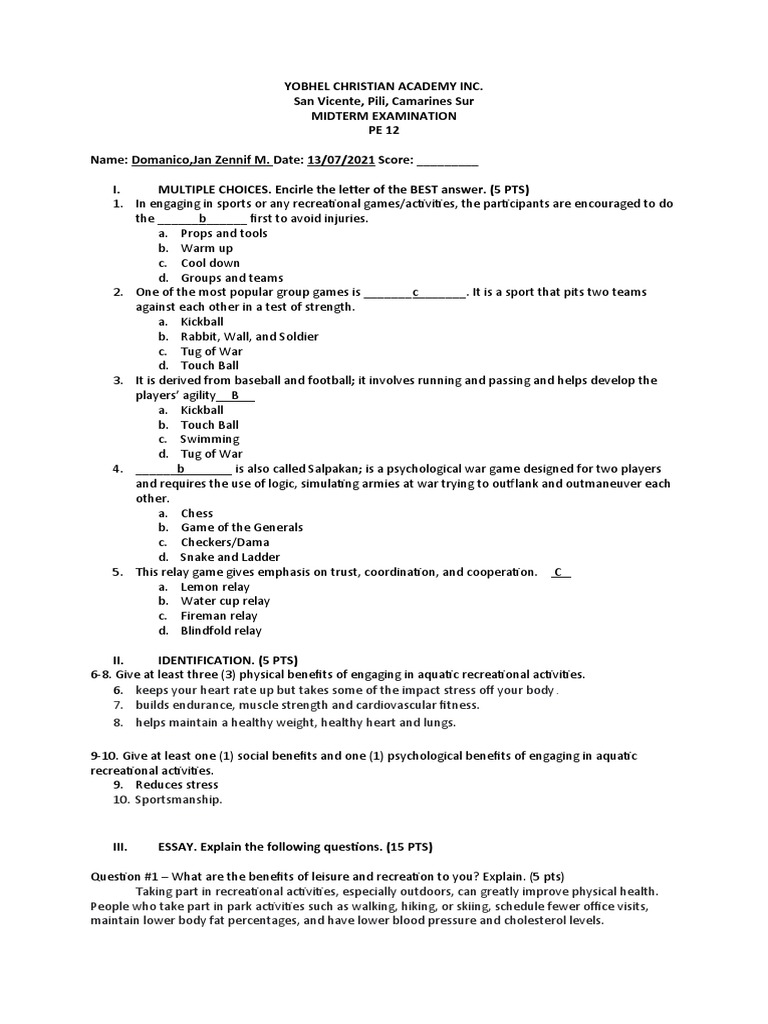 Midterm Exam on PE 12 at Yobel Christian Academy | PDF | Physical Fitness | Recreation