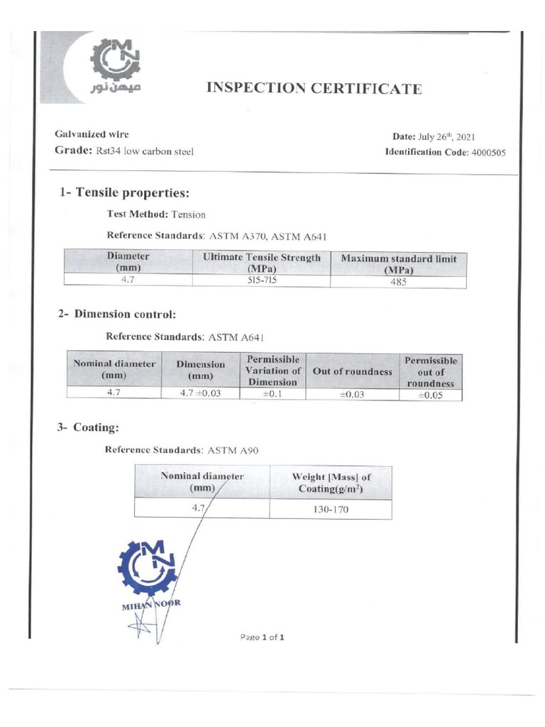 Inspection Certificate | PDF