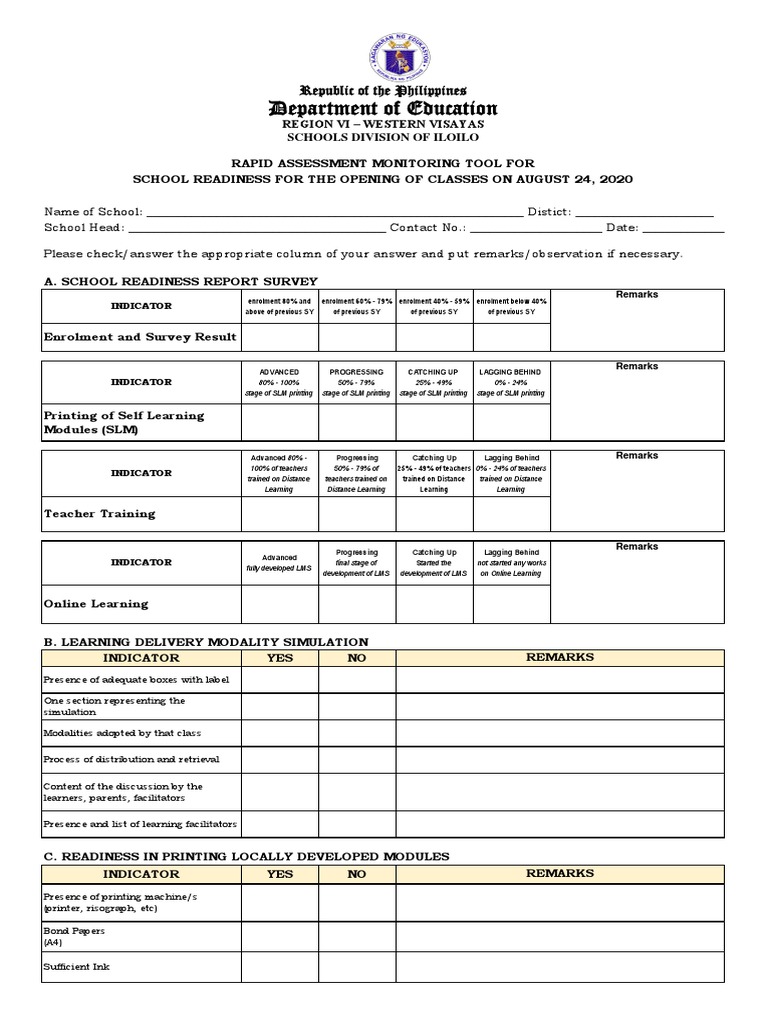 School Readiness Monitoring Tool | PDF | Hand Washing | Learning