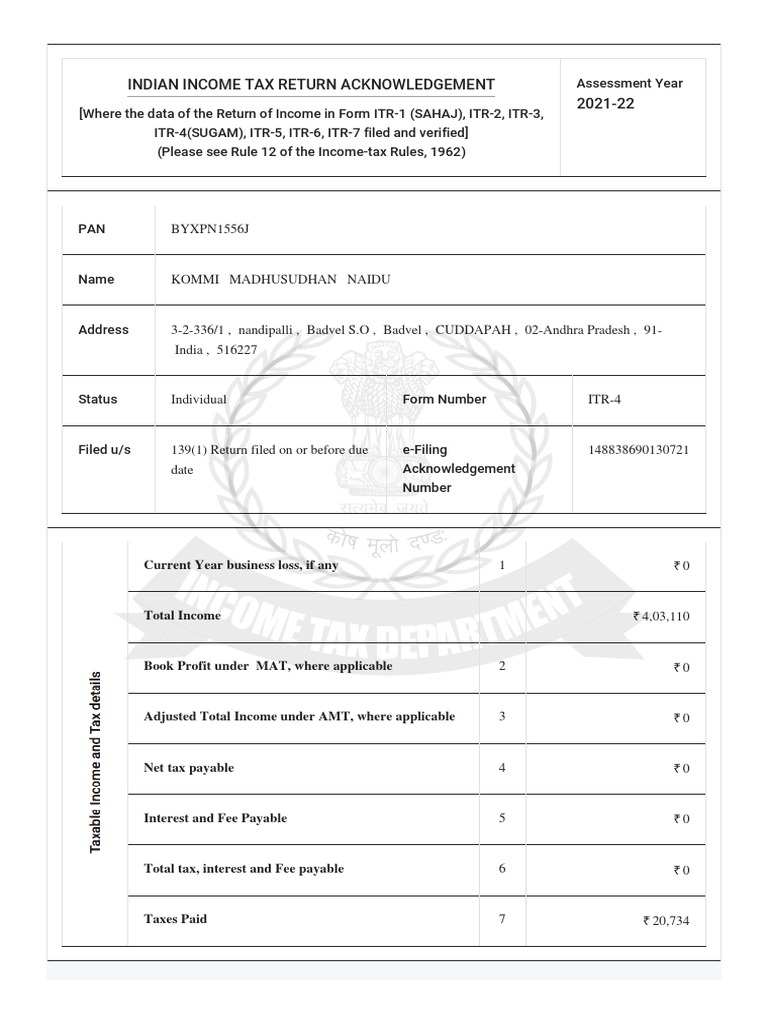 Indian Income Tax Return Acknowledgement 2021-22: BYXPN1556J | PDF ...
