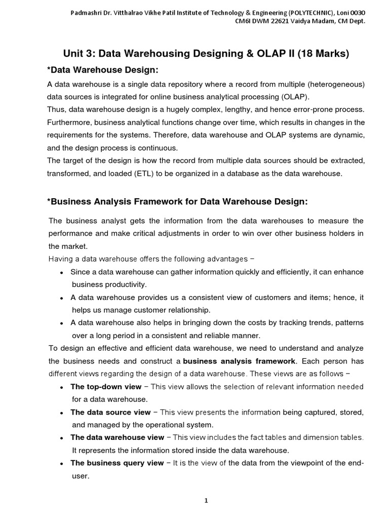 DWM Unit 3. Data Warehousing Designing & OLAP II | PDF | Data Warehouse | Information Age