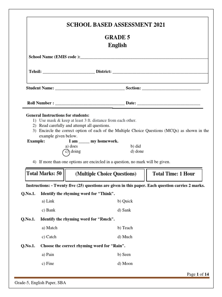 School Based Assessment 2021 Grade 5 English: (Multiple Choice ...