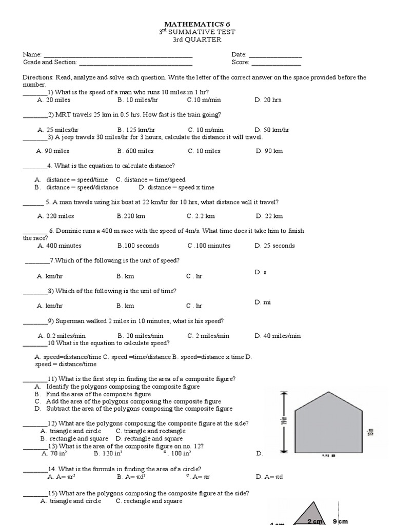 Grade 6 Quarter 3 Math Test | PDF | Area | Speed