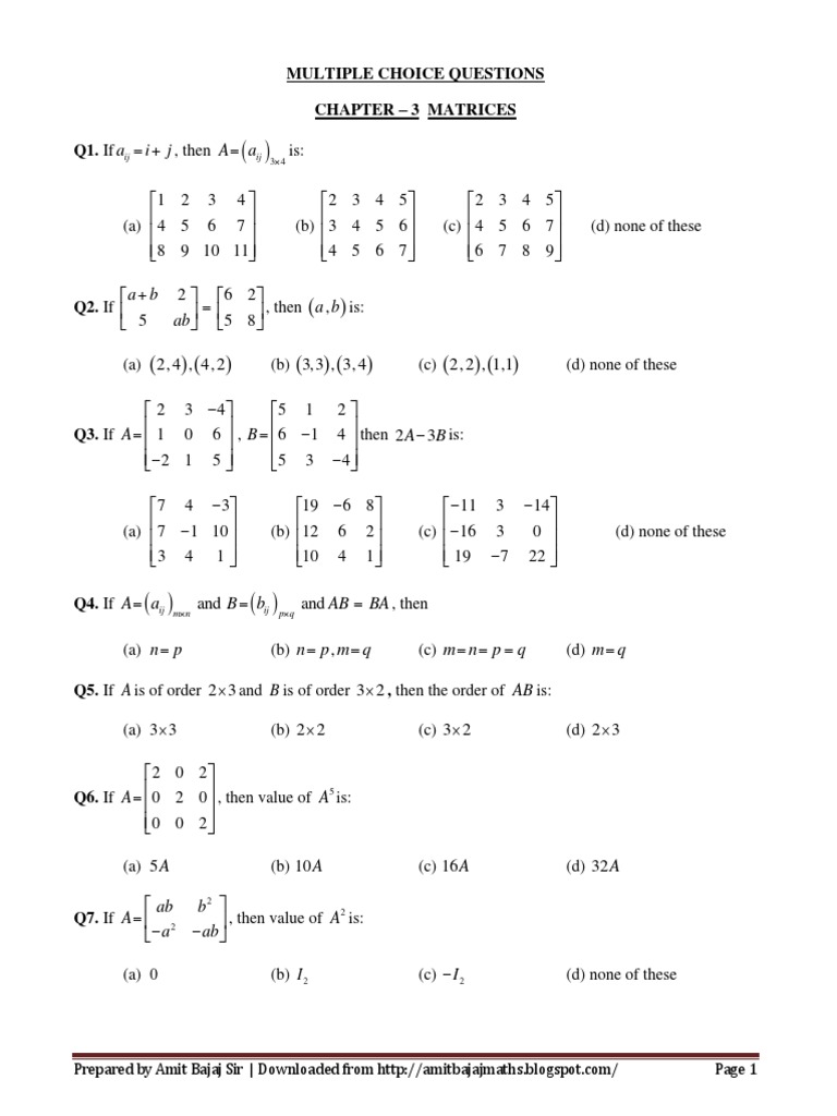 CH 3 Matrices Multiple Choice Questions With Answers | PDF | Matrix ...