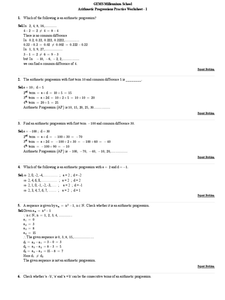 GR 10 Arithmetic Progressions Practice Worksheet - 1 Answer Key | PDF ...