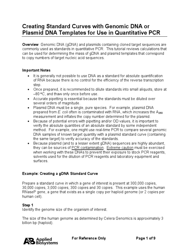 Creating Standard Curves With Genomic DNA or Plasmid DNA Templates For ...