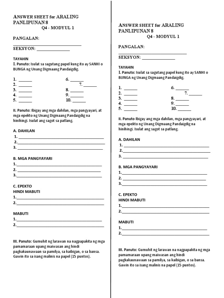 Ap8 Q4 M1 Answer Sheet | PDF