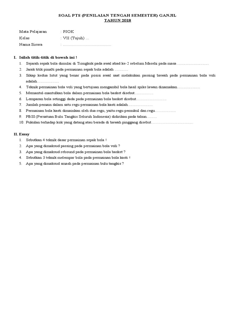 Soal PTS Pjok Semester Ganjil Tahun 2018 | PDF