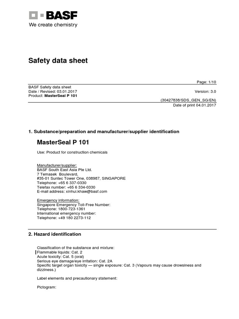 Safety Data Sheet: Masterseal P 101 | PDF | Dangerous Goods | Toxicity