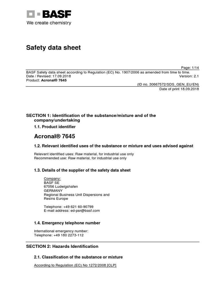 MSDS Acronal 7645 | PDF | Dangerous Goods | Toxicity