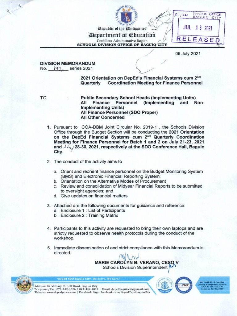 Division Memorandum No. 197 S. 2021 - 0002 | PDF
