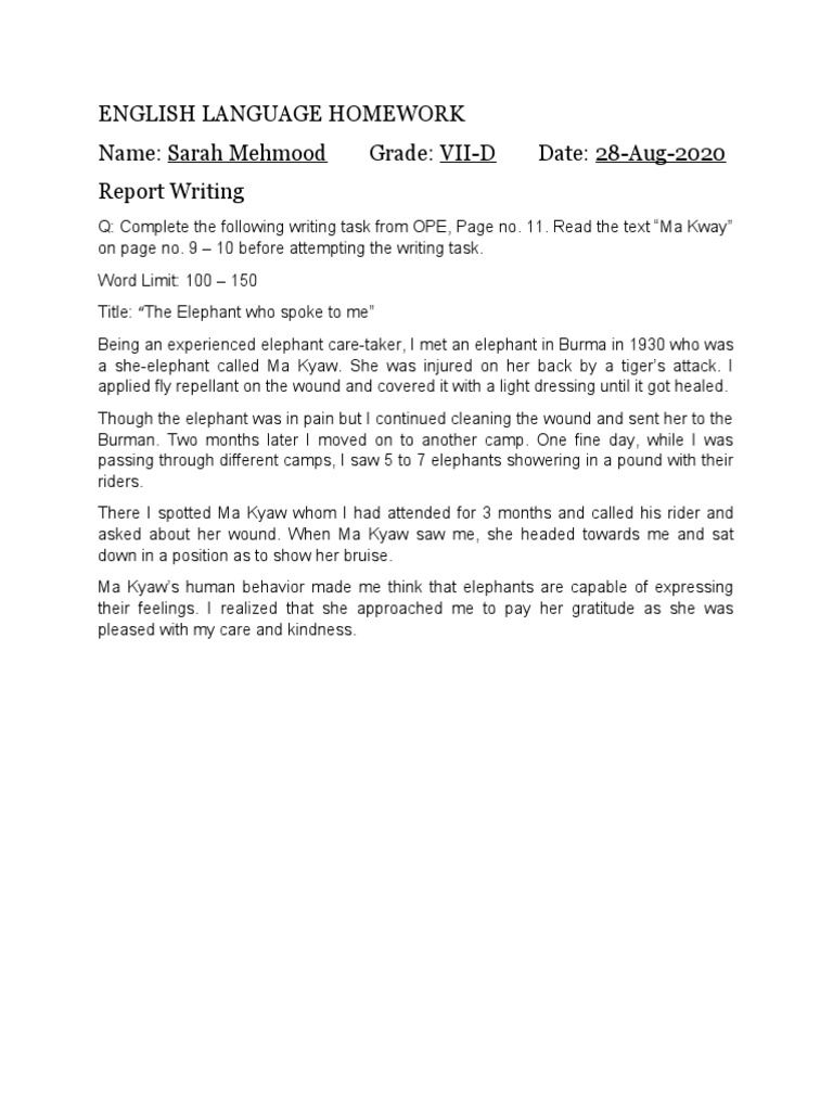 English Language Homework Name: Sarah Mehmood Grade: VII-D Date: 28-Aug ...