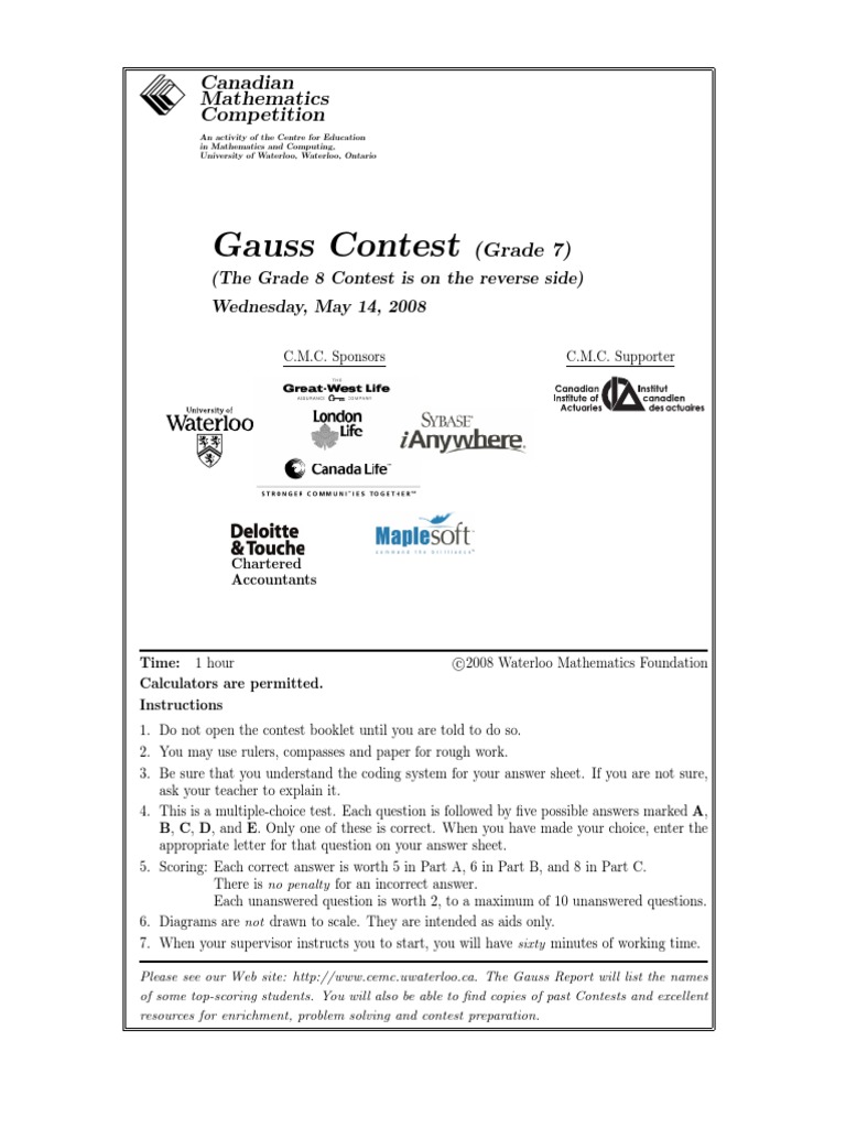 2008 Gauss 7 Contest | PDF | Multiple Choice | Elementary Mathematics
