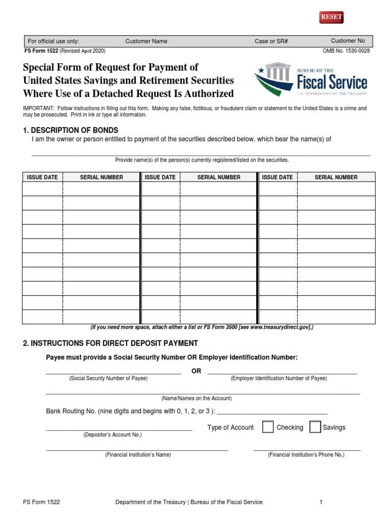 Special Form of Request For Payment of United States Savings and ...
