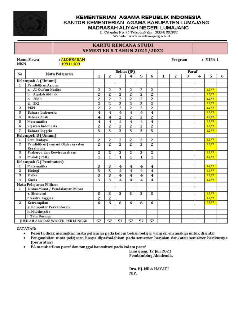 Contoh Pengisian Krs Dan Krss Xii Mipa 1 | PDF