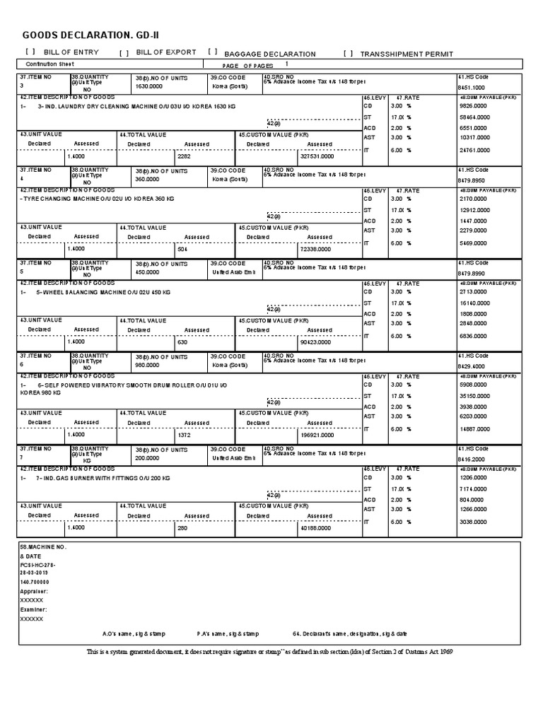 Goods Declaration. Gd-Ii: Bill of Entry Bill of Export Baggage ...