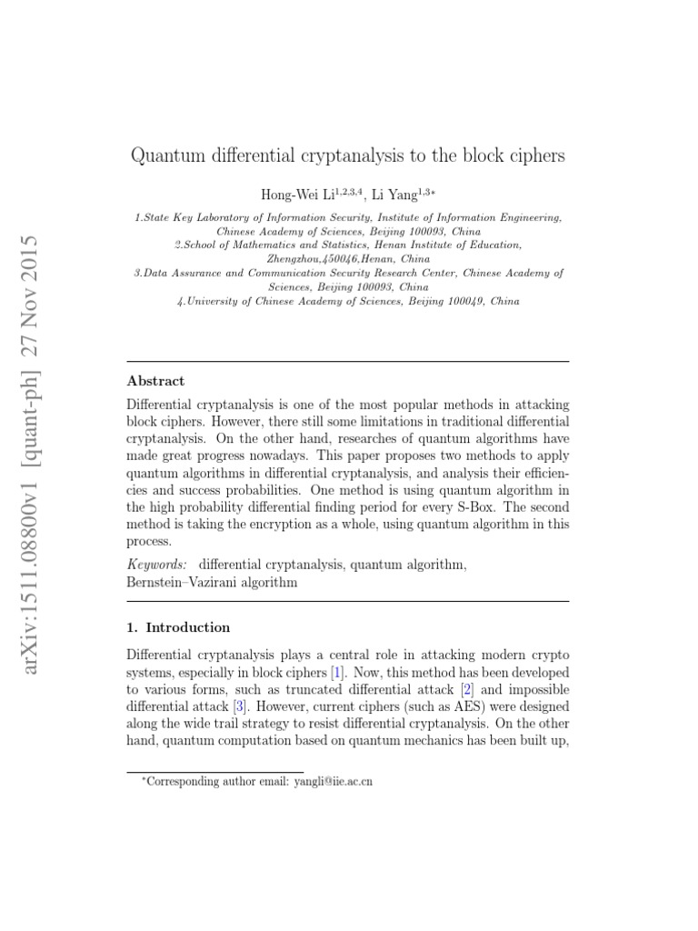 Quantum Differential Cryptanalysis To The Block Ciphers | PDF | Quantum Computing | Time Complexity