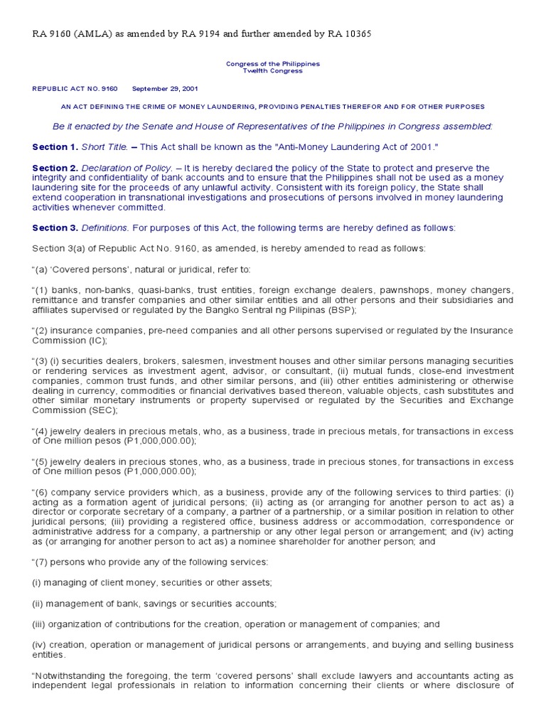 RA 9160 - As Amended by RA 9194 & RA 10365 | PDF | Money Laundering ...